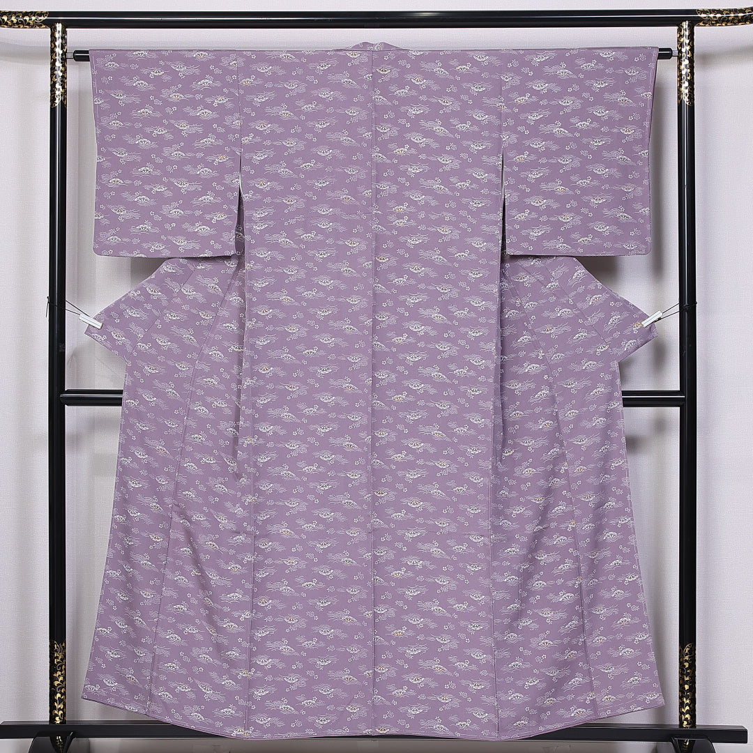 【中古・リサイクル着物】 小紋 身丈155cm 裄丈63cm Sランク 袷 正絹 広衿 源氏車 青海波 桜 1215-10871